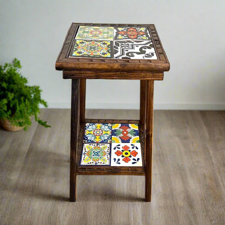 Handmade Mexican Accent End Table | Talavera Tiles, Wood Side Table