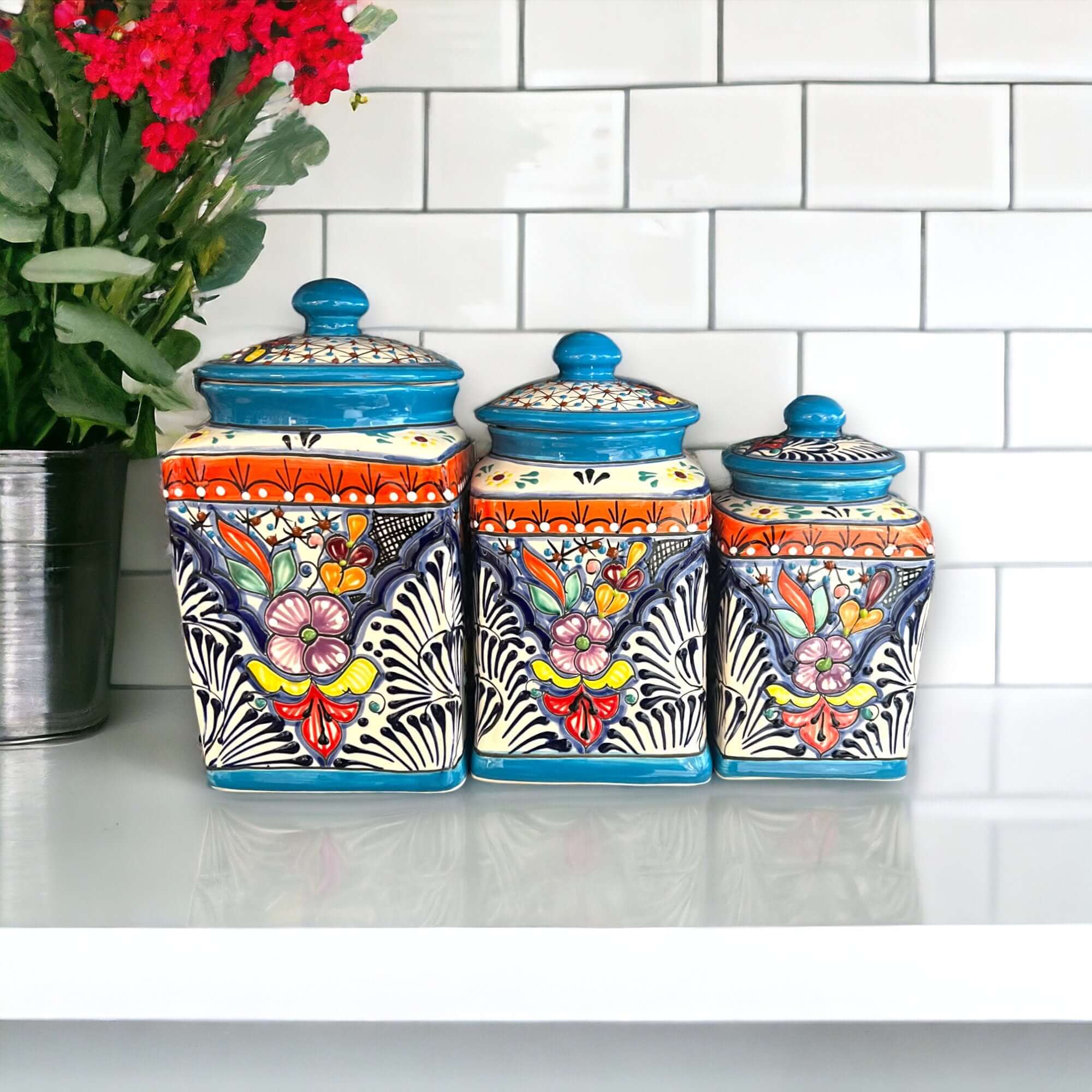 Light Blue Talavera Canister Set | Handmade Mexican Pottery